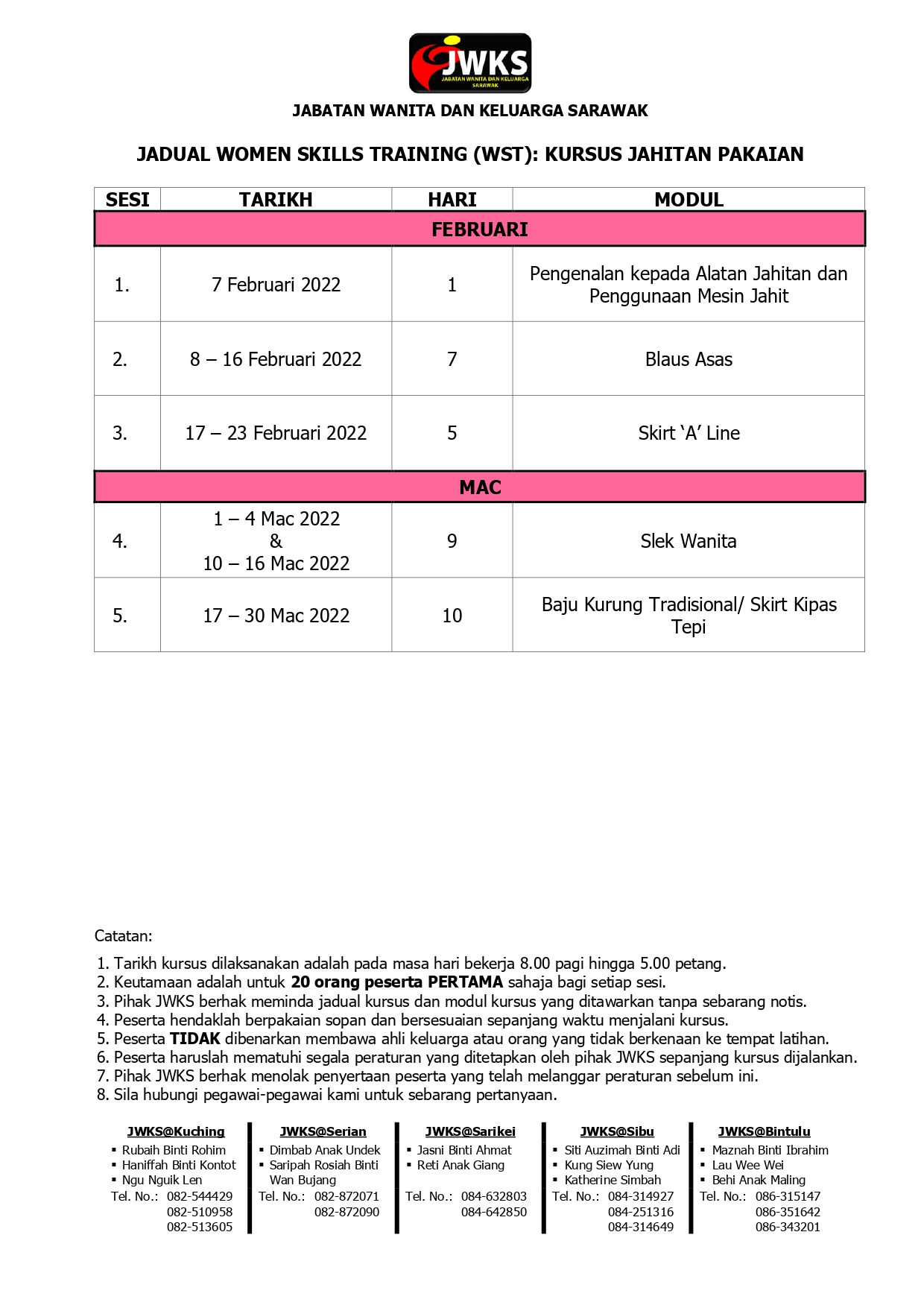 JADUAL WOMEN SKILLS TRAINING (WST): KURSUS JAHITAN PAKAIAN - Laman Web Rasmi Jabatan Wanita dan ...