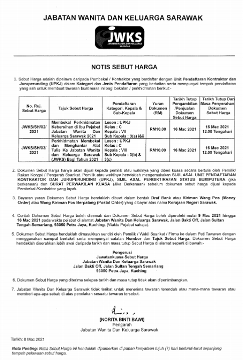 NOTIS SEBUT HARGA - Laman Web Rasmi Jabatan Wanita dan Keluarga Sarawak